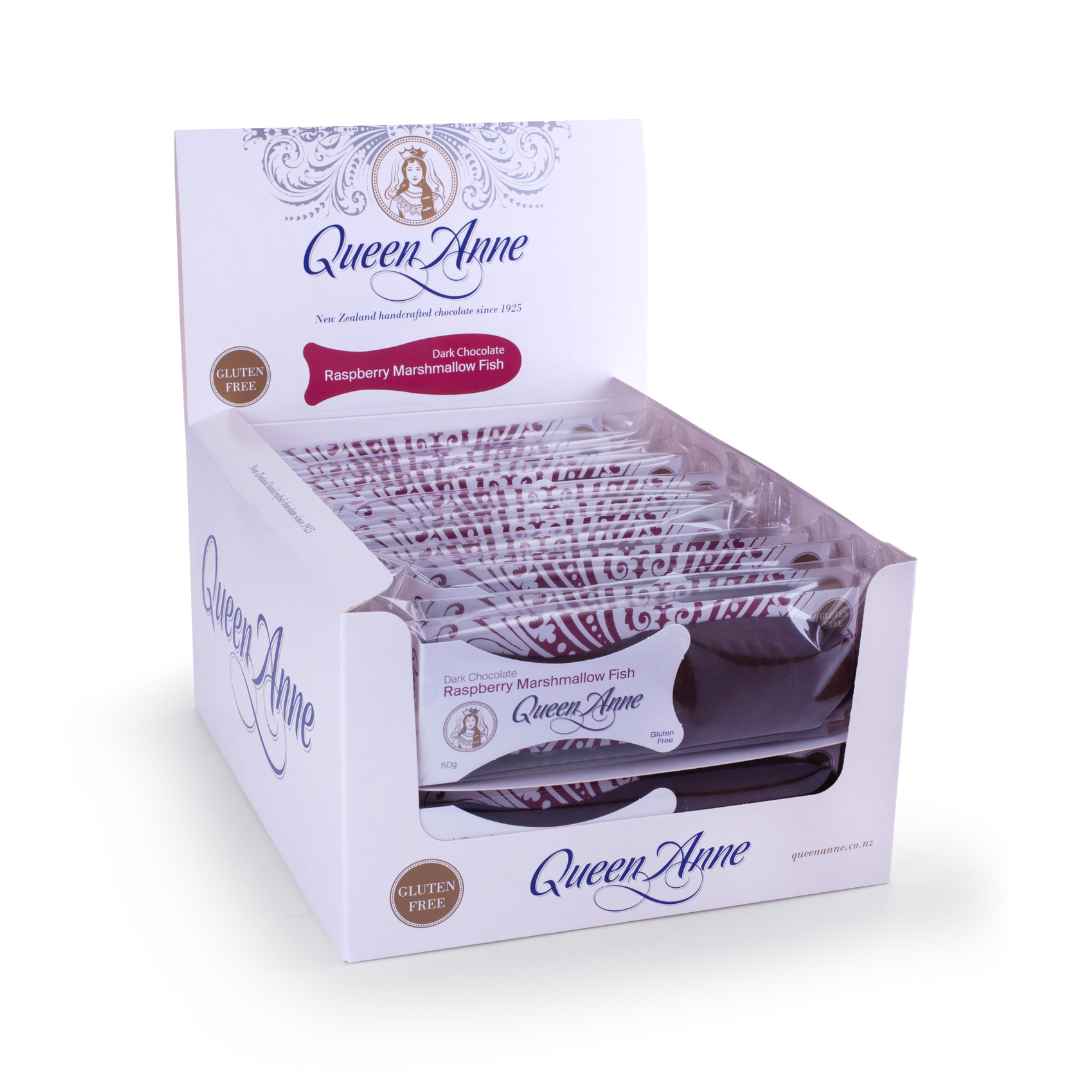 PARTY BOX - x24 50g Dark Chocolate Raspberry Marshmallow Fish — Queen ...